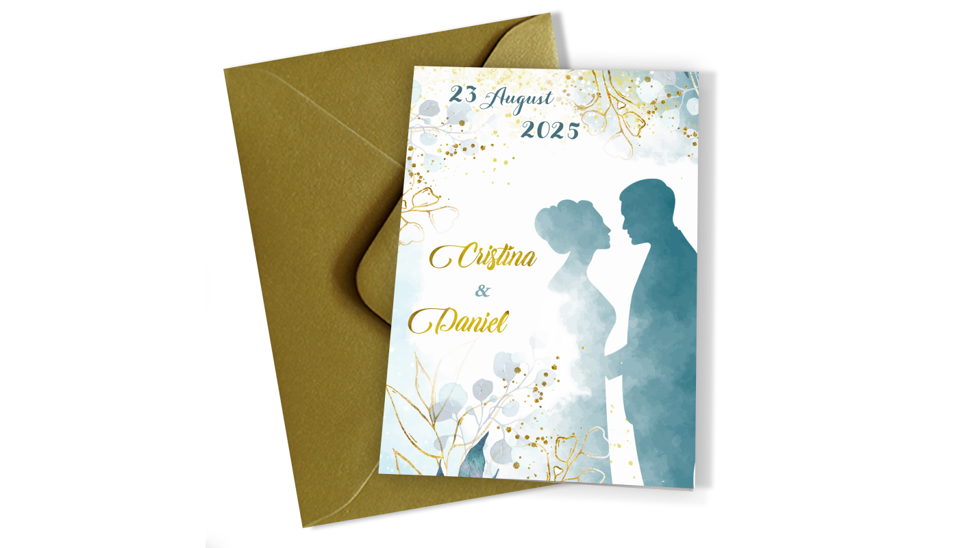 Invitatii nunta clasice cu plic Auriu - Siluete miri - INC-33 ...
